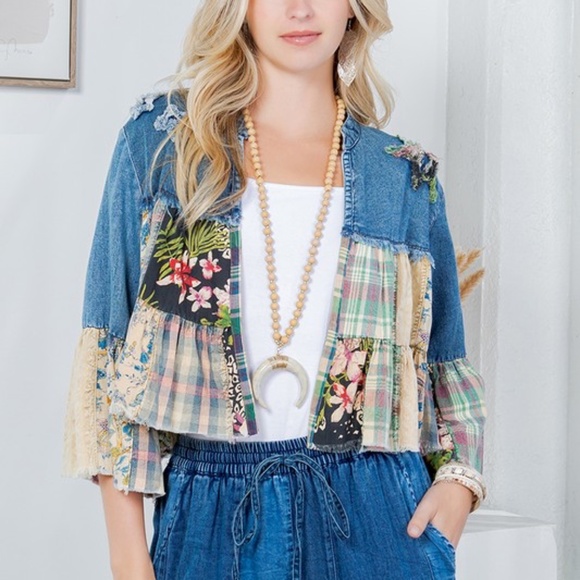 Jackets & Coats | Western Floral Plaid Print Star Patch Denim Frayed ...